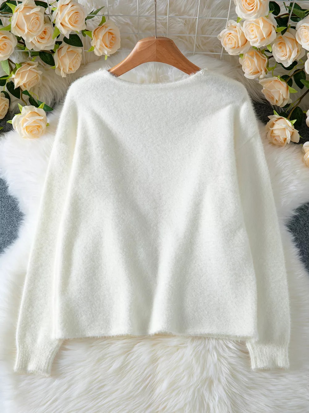 Sonder Women Fuzzy Knit Cardigan White Pearl Trim | eBay