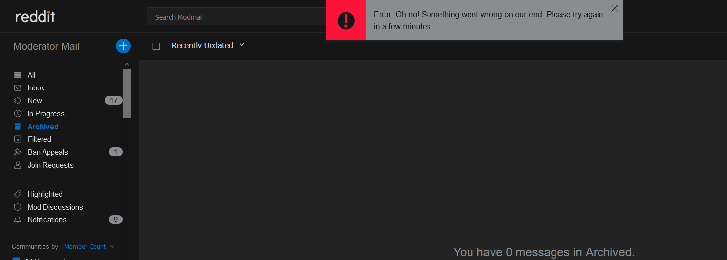 Unable to access the "Archived" folder in modmail : r/ModSupport