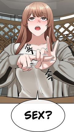 Color "Sex?" 1girl, blush, brown eyes, brown hair, grey hoodie/sweater/jumper, hand gesture ...