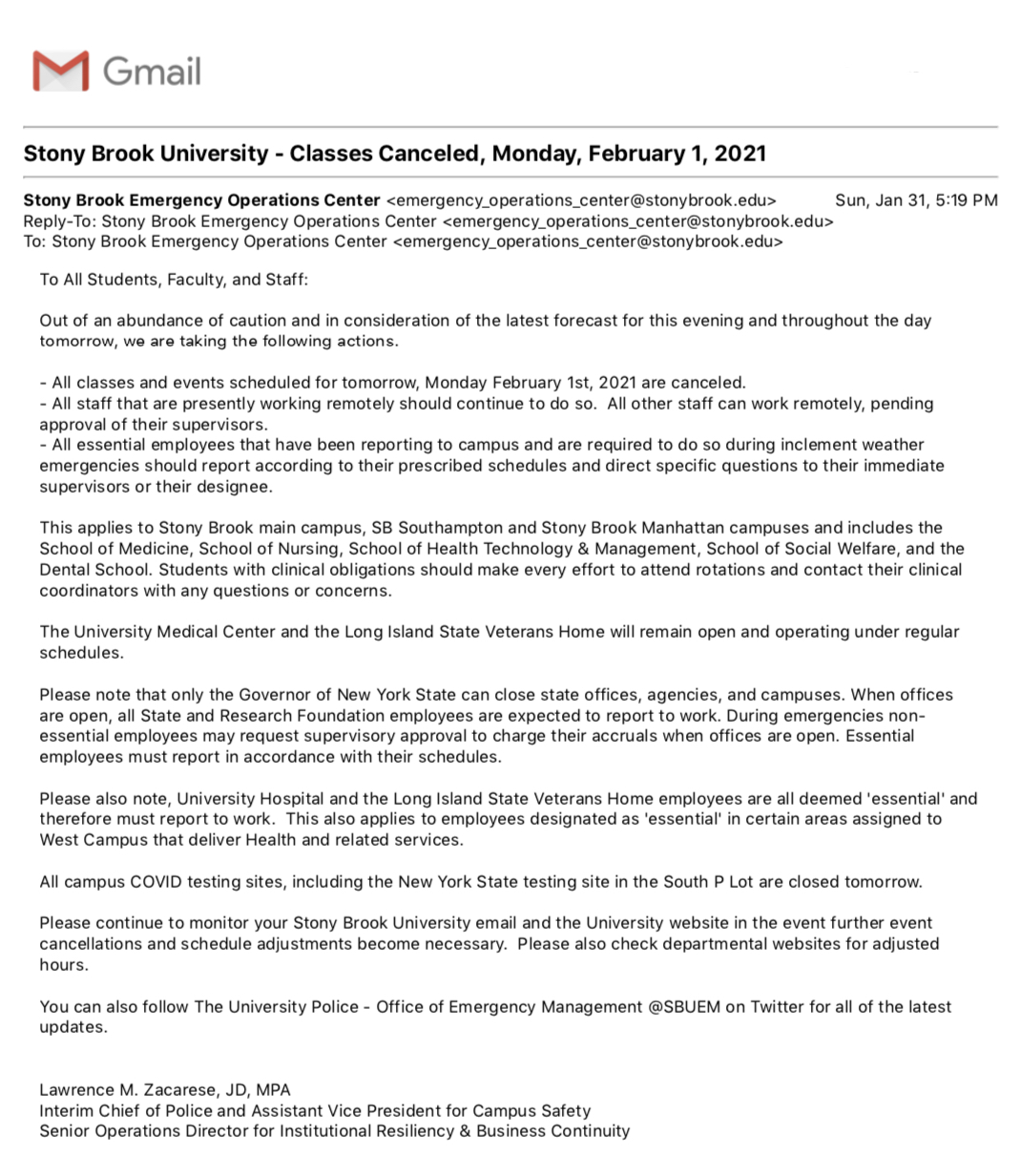 Stony Brook University - Classes Canceled, Monday, February 1, 2021 : r/SBU