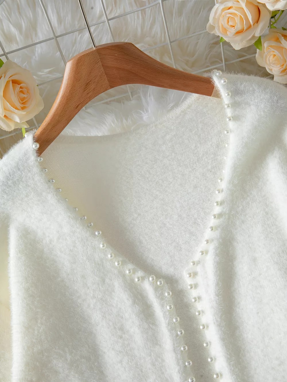 Sonder Women Fuzzy Knit Cardigan White Pearl Trim | eBay