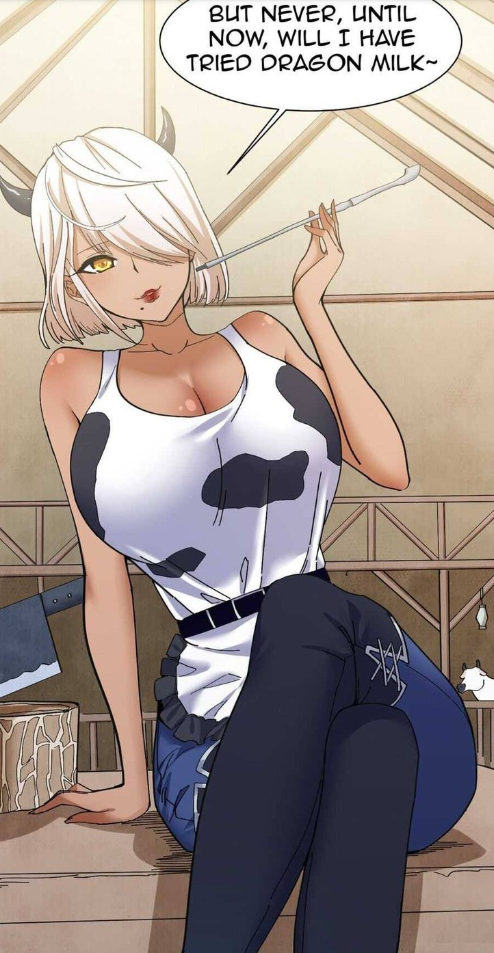 Color "But never until now will I have tried dragon milk" 1girl, arm support, bare shoulders ...