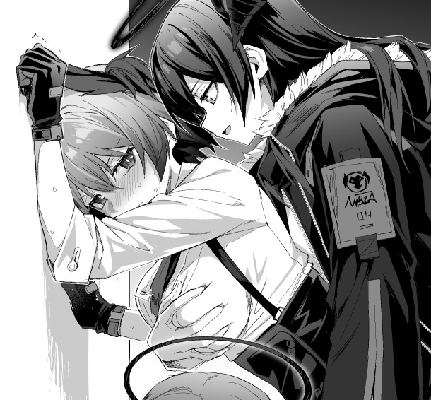 Mono "04" 2girls, against wall, armband, black hair, breast grab, from side, full face blush ...