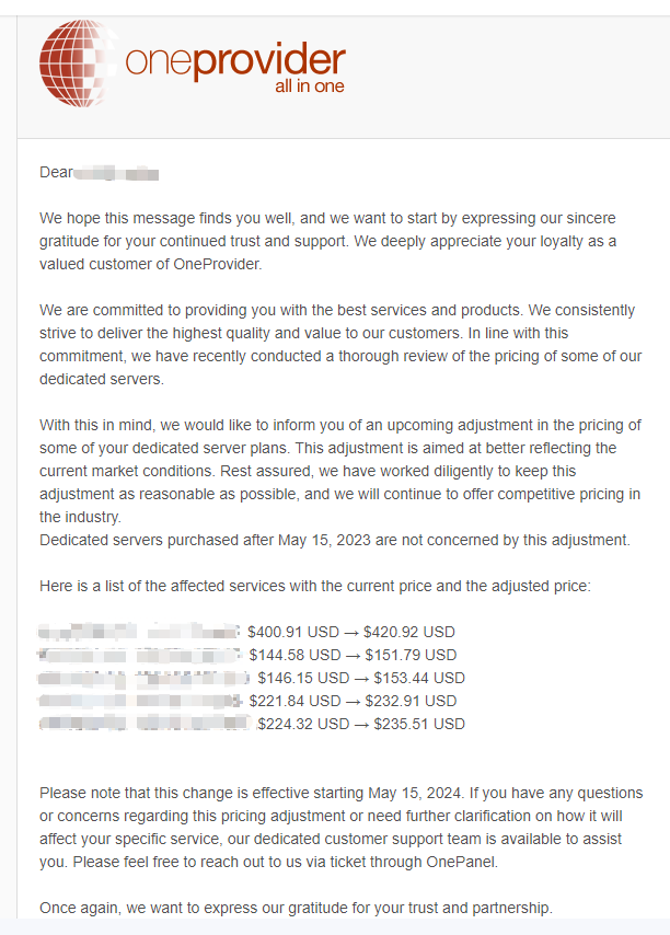 OneProvider 涨价
