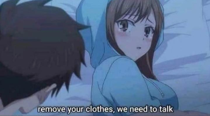 Color "remove your clothes, we need to talk" 1boy, 1girl, blue hoodie, blush, brown eyes, brown ...