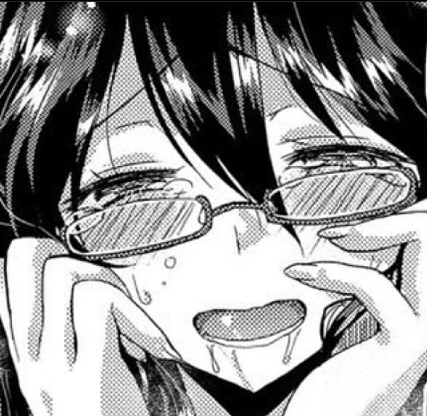 Mono 1girl, ahegao, blush, crying/tears, drool/saliva, glasses, hair between eyes, half-closed ...